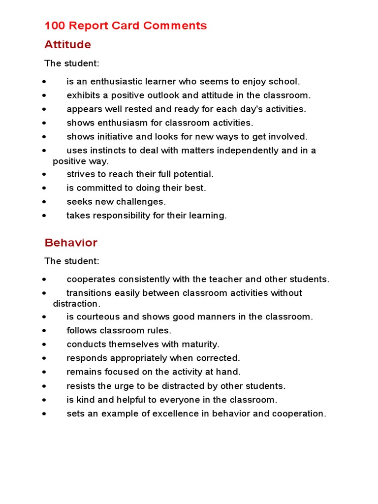 100 Report Card Comments | PDF | Homework | Conversation