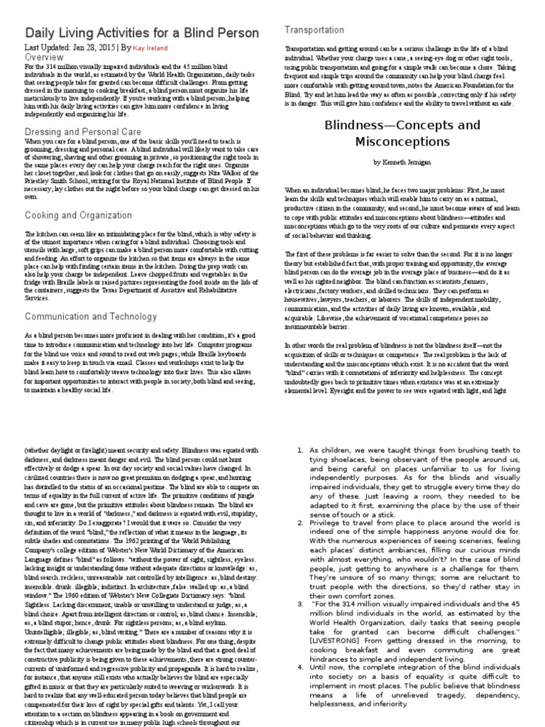 Daily Living Activities For A Blind Person | PDF | Visual Impairment ...
