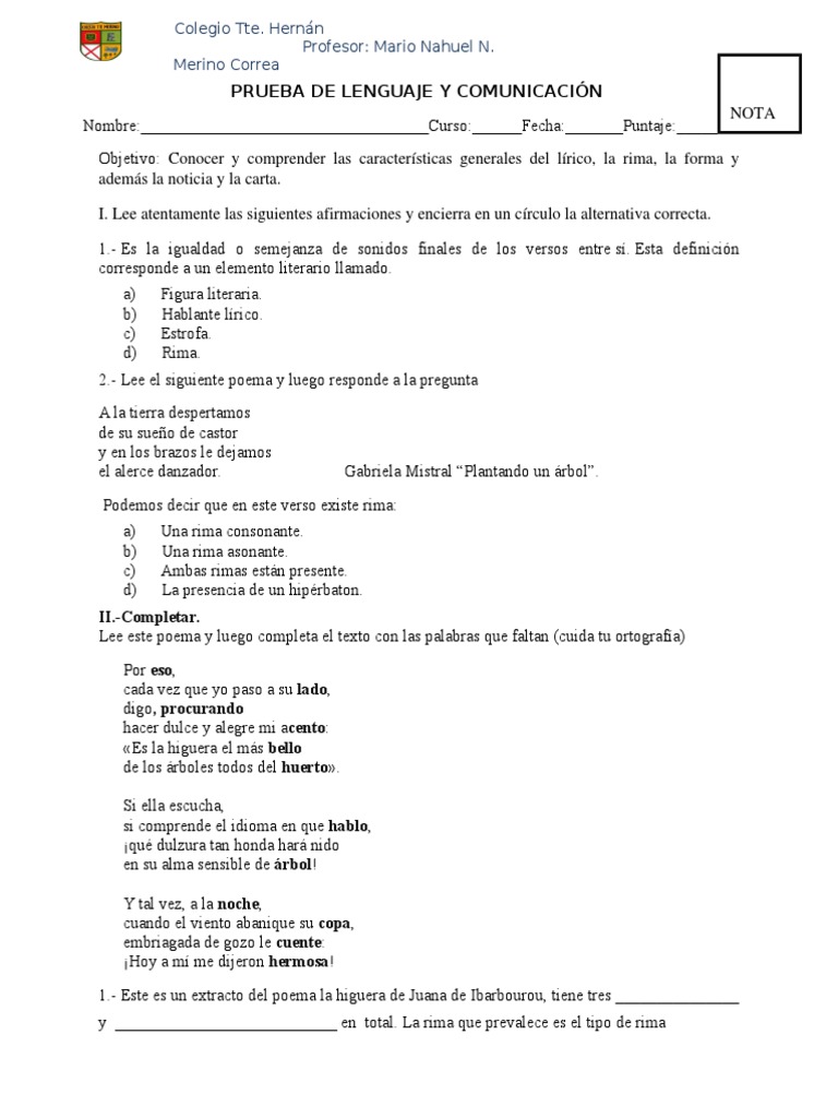 Prueba de Lenguaje 6° La Rima | PDF | Rima | Recursos poéticos