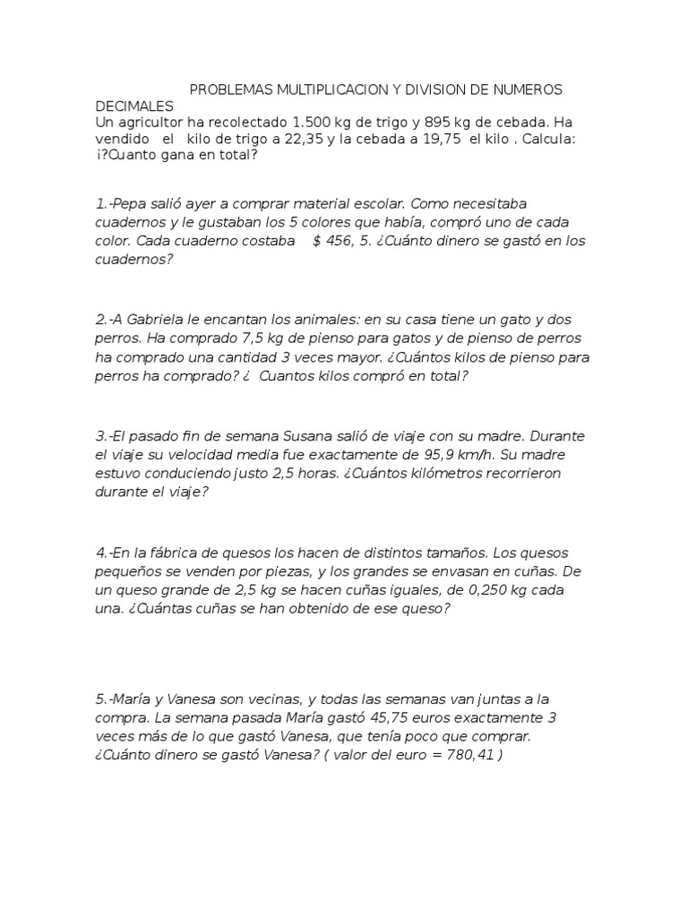 Problemas Multiplicacion y Division de Numeros Decimales | PDF | Cocina ...