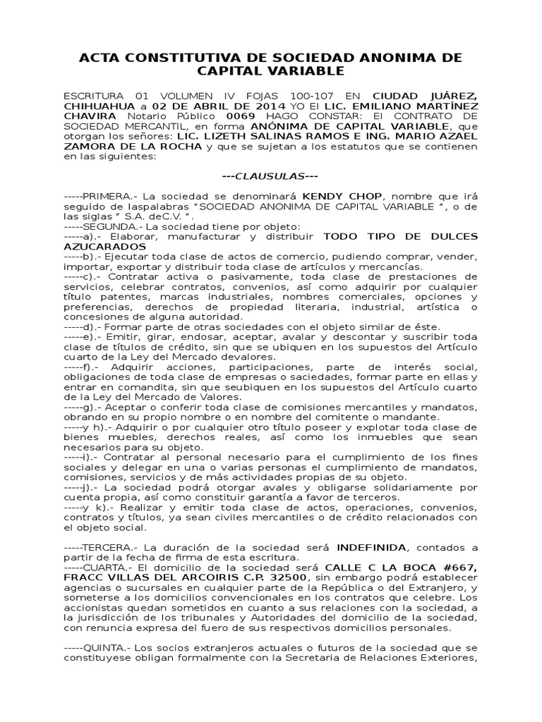 Ejemplo de Acta Constitutiva | PDF | Liquidación | Compartir (Finanzas)