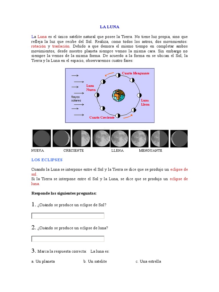 Hojas De Trabajo Sobre Las Fases De La Luna Manualidad: Las Fases De