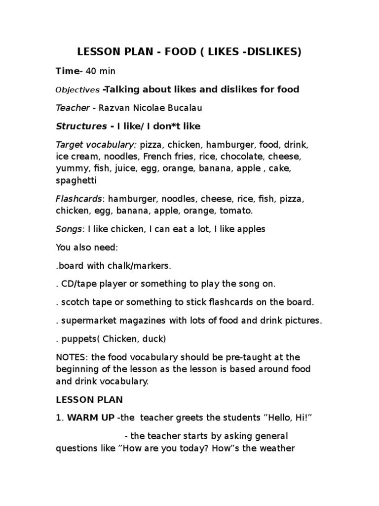 Lesson Plan - Food (Likes - Dislikes) | Download Free PDF | Lesson Plan ...