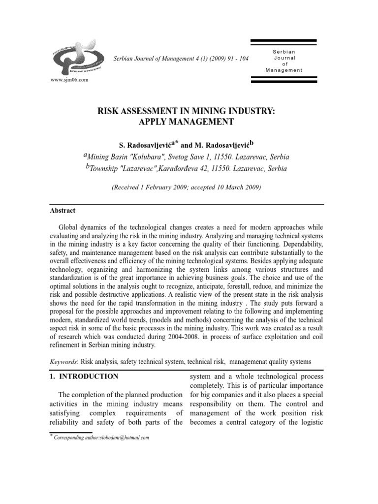 1. Risk Assessment in Mining Industry | Risk Management | Risk | Free ...