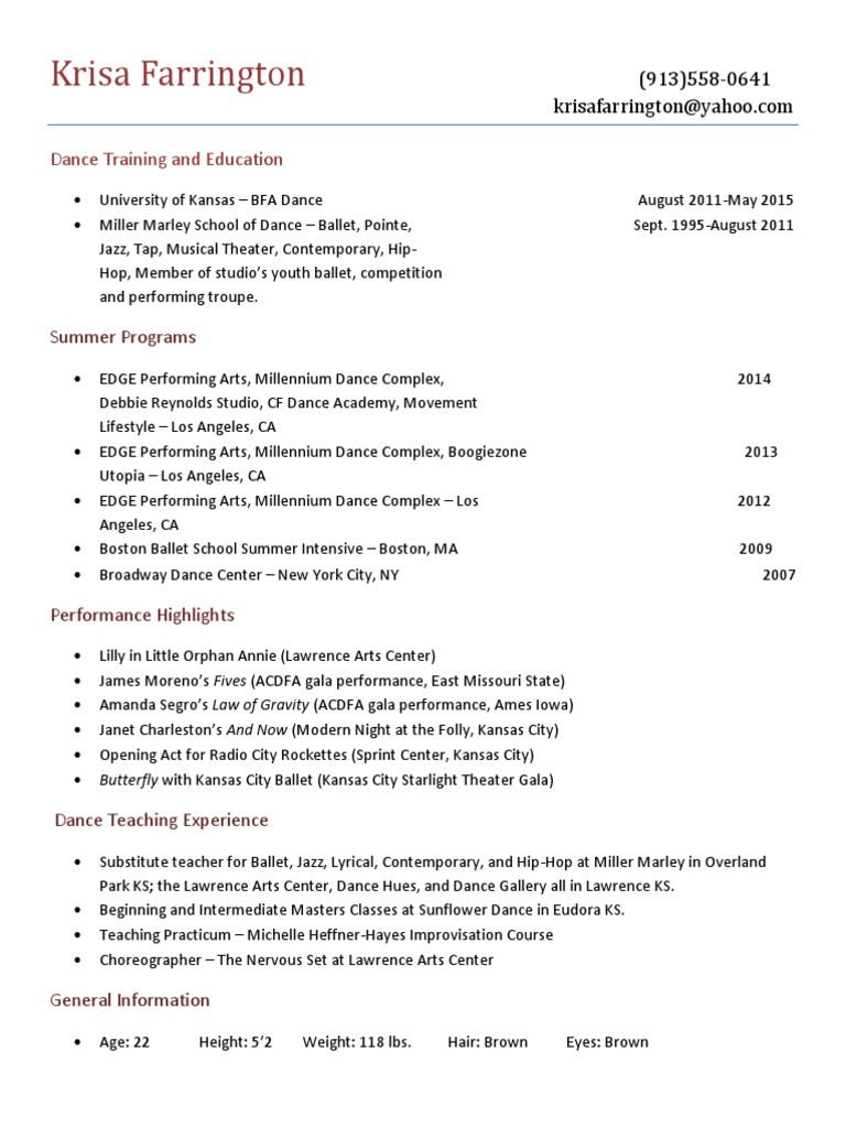 Dance Resume of Krisa Farrington | PDF | Art | Poetry
