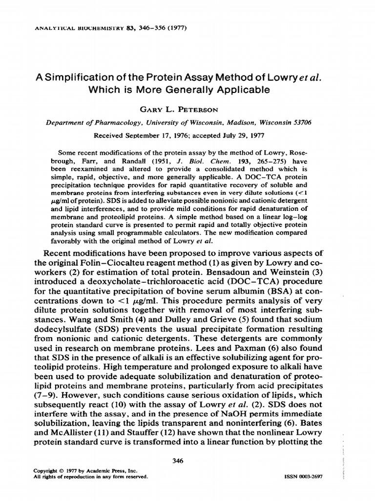 A Simplification of The Protein Assay Method of Lowry Et Al. Which Is ...