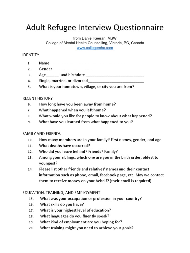 Refugee Interview Questionnaire | PDF | Psychology | Behavioural Sciences