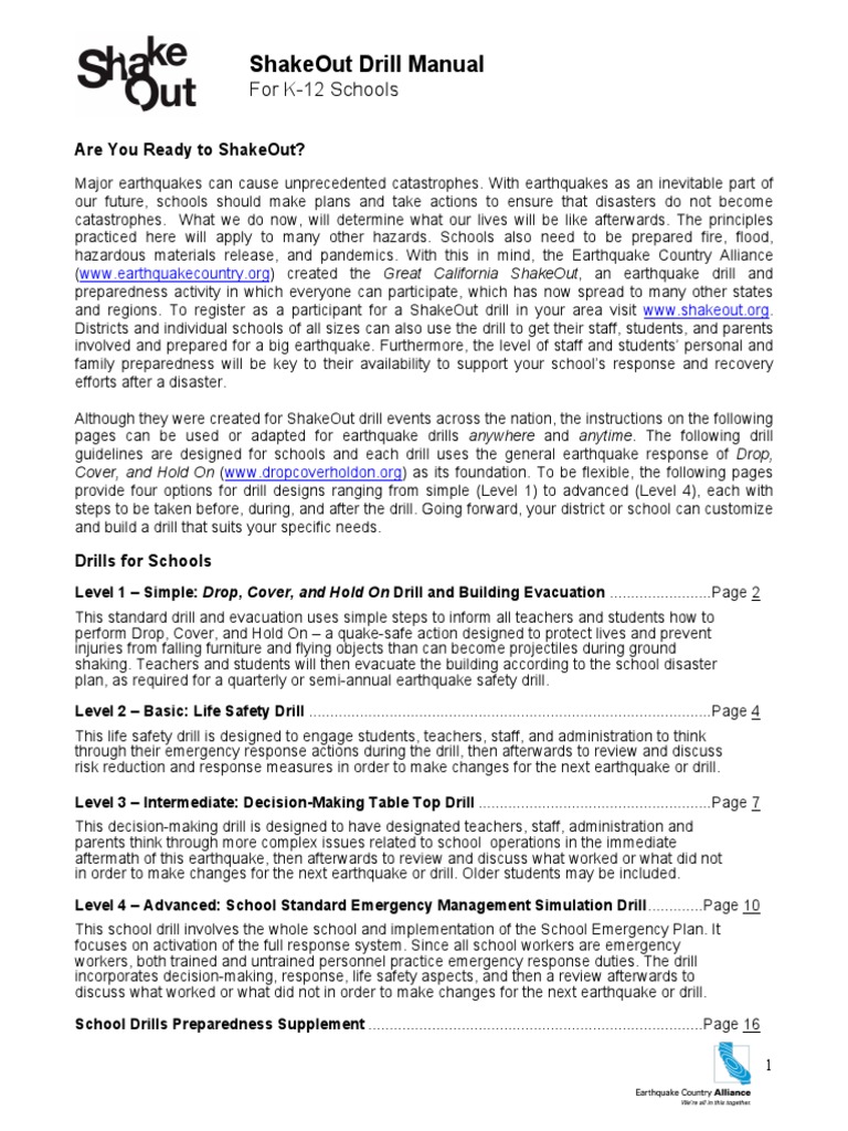 Shake Out Drill Manual Schools v2 | PDF | Emergency Evacuation ...