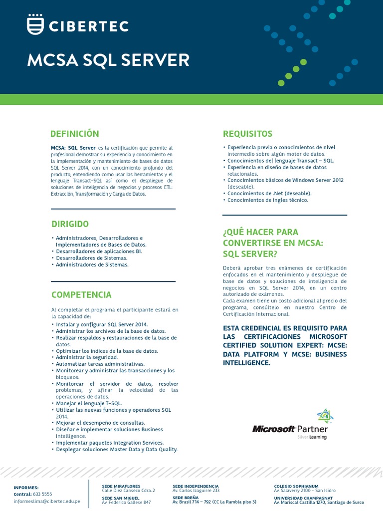 Mcsa Sql Server 2014 Pdf Servidor Sql De Microsoft Tecnologías De La Información
