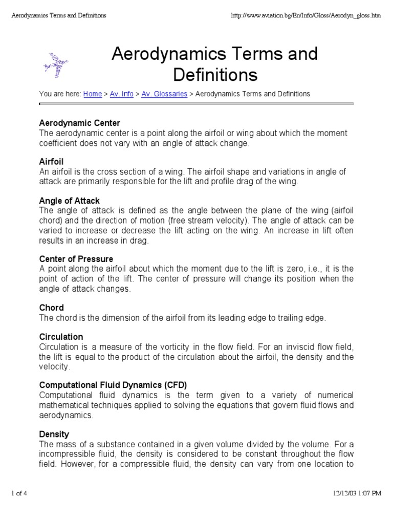 Aerodynamics Terms and Definitions | PDF | Lift (Force) | Airfoil