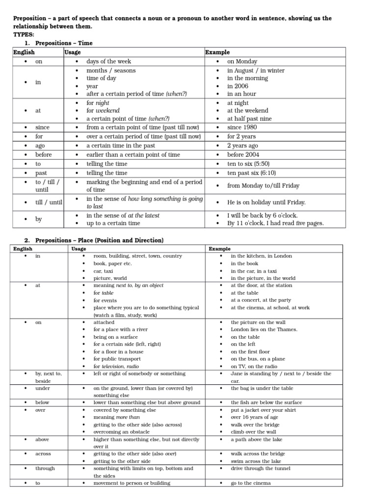 Preposition Handout For Beginners | PDF | Syntactic Relationships | Syntax