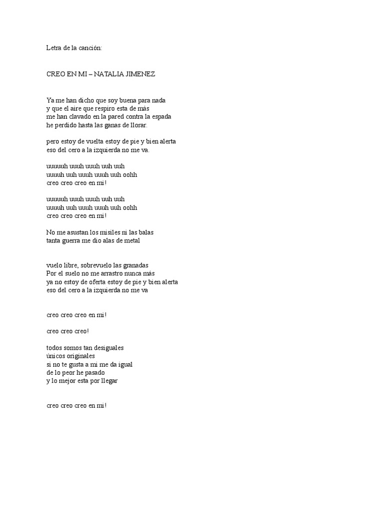 Letra de Cancion de Natalia Jimenez - Creo en Mi | PDF
