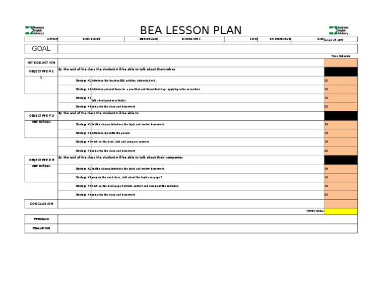Bea Lesson Plan: by The End of The Class The Student Will Be Able To ...