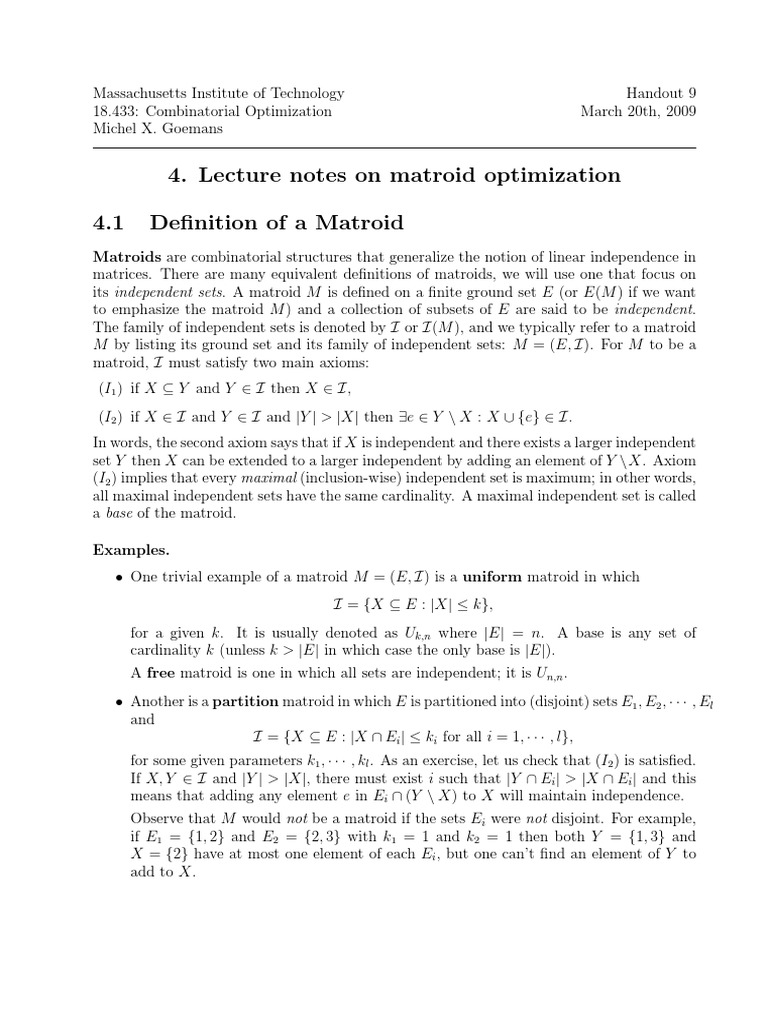 Lecture Notes On Matroid Optimization 4.1 Definition of A Matroid | PDF ... Lecture Notes On Matroid Optimization 4.1 Definition of A Matroid | PDF ...