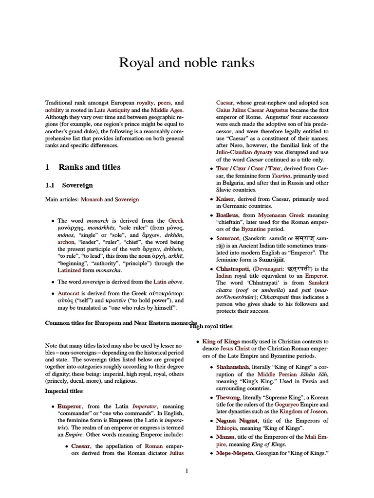 Overview of Royal and Noble Ranks | PDF | Hierarchy | Monarchy