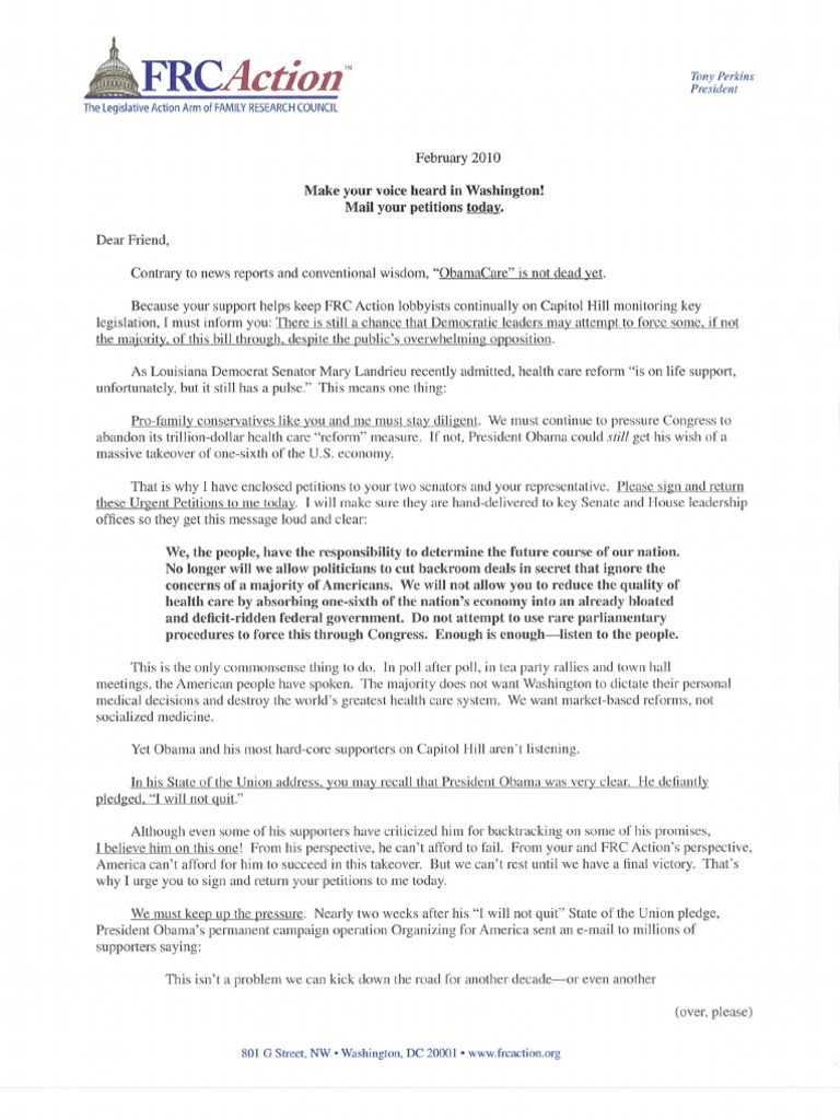 FRC's anti-HCR Letter | PDF | Patient Protection And Affordable Care ...