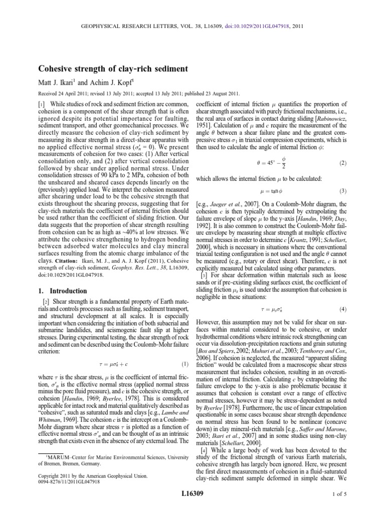 Cohesive Strength of Clay Rich Sediment | PDF | Strength Of Materials ...