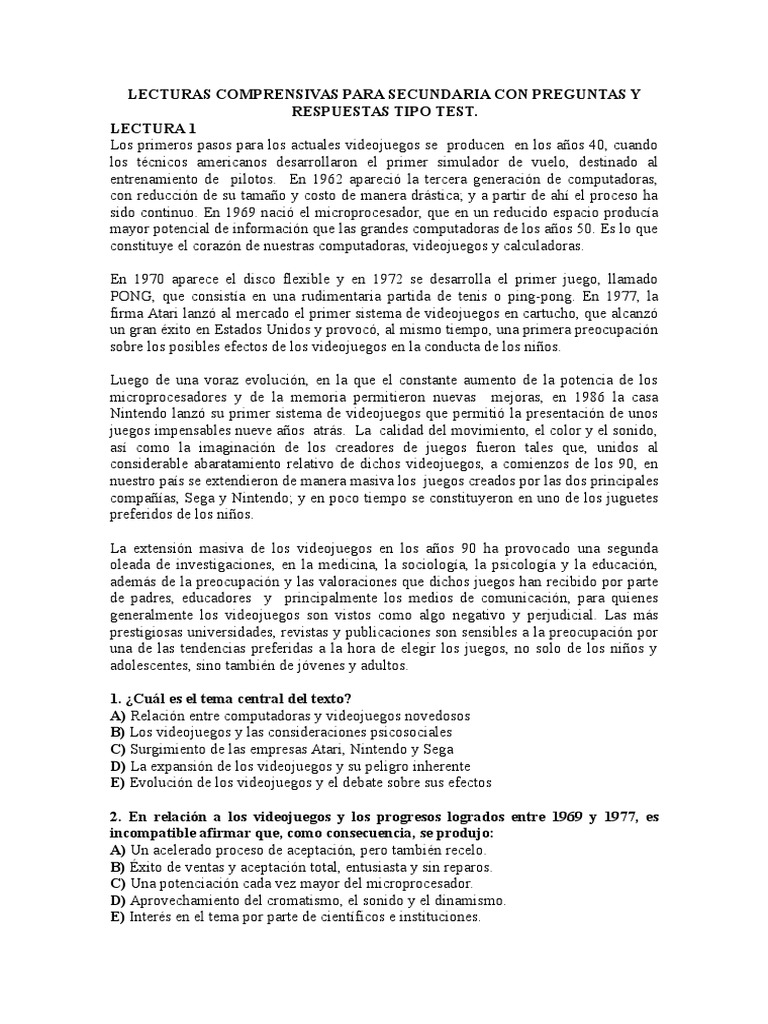 Lecturas Comprensivas Para Secundaria Con Preguntas y Respuestas Tipo Test