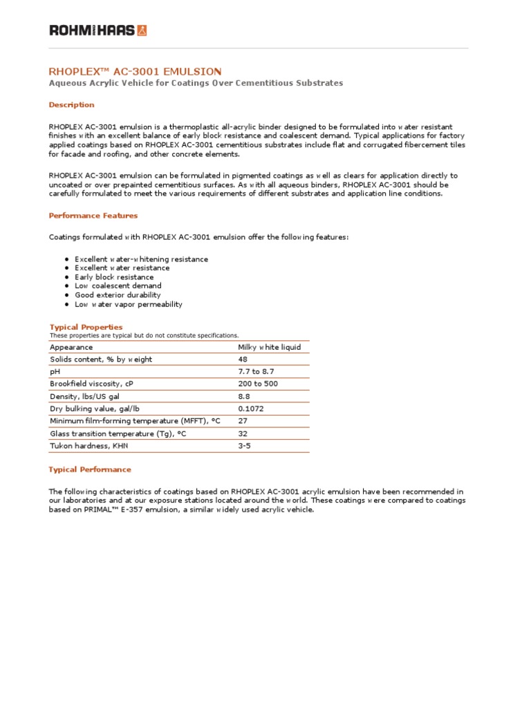 Rhoplex Ac 3001 | PDF | Paint | Manmade Materials