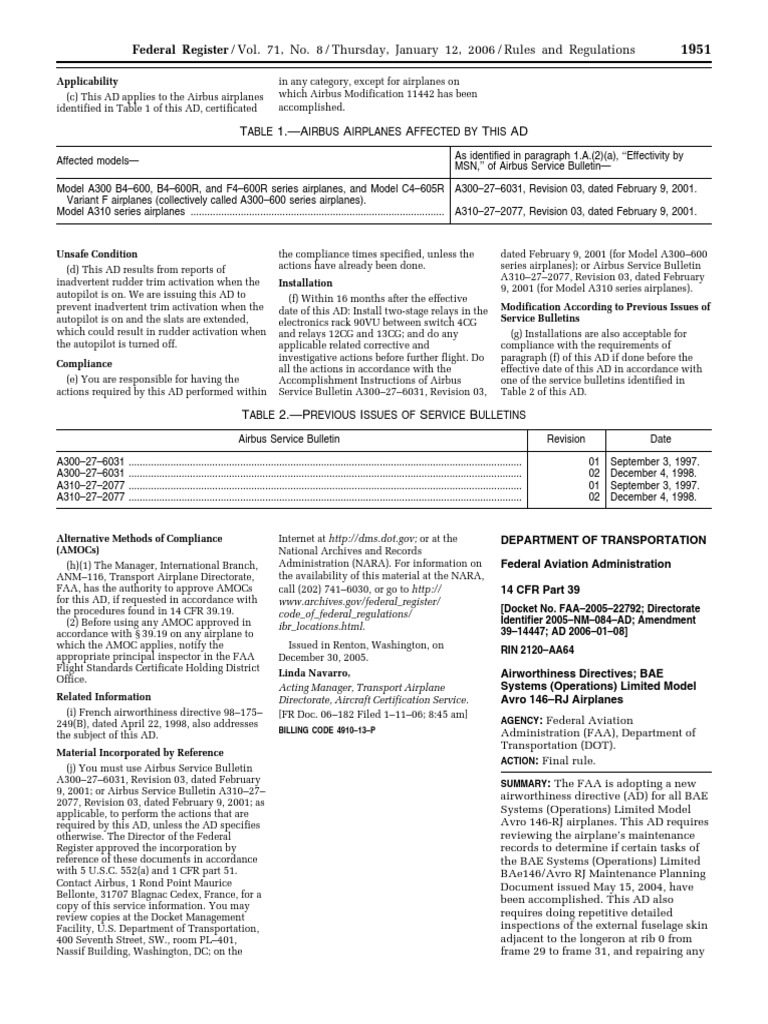 Rule: Airworthiness directives: BAE Systems (Operations) Ltd. | Federal ...