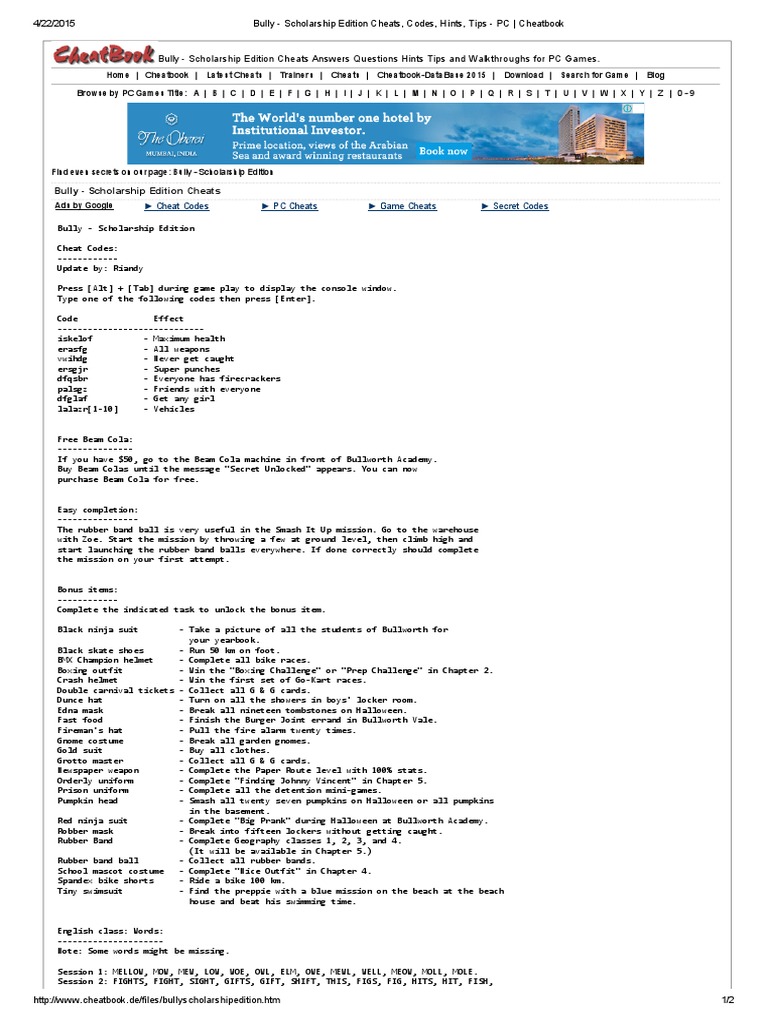 Bully - Scholarship Edition Cheats, Codes, Hints, Tips - PC - Cheatbook ...