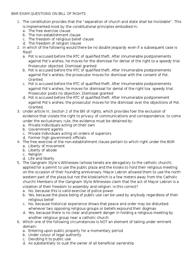 Bill of Rights Bar Exam Questions | PDF | Double Jeopardy | United ...