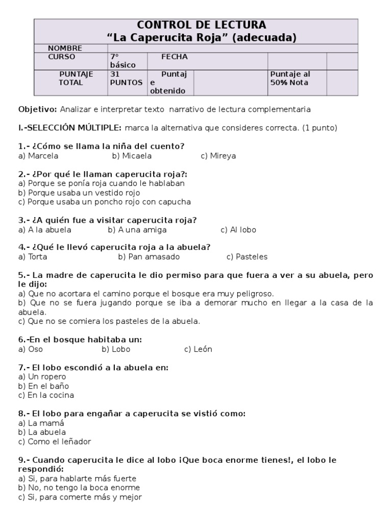 Prueba Comprension Lectora Caperucita Roja | PDF