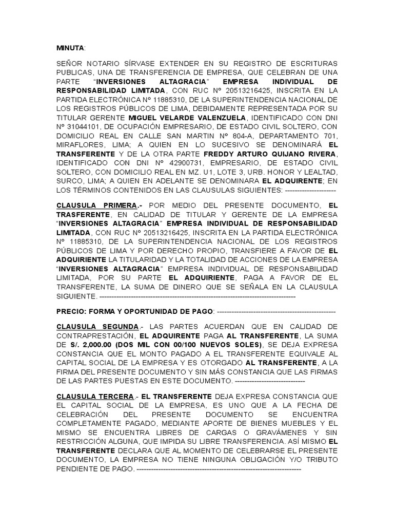 Minuta Transferencia de Eirl | PDF