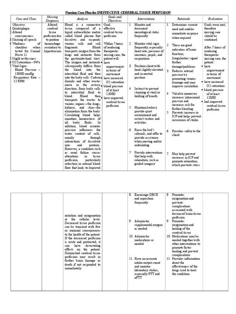 Nursing Care Plan For Ineffective Cerebral Tissue Perfusion | PDF | Blood | Respiratory System