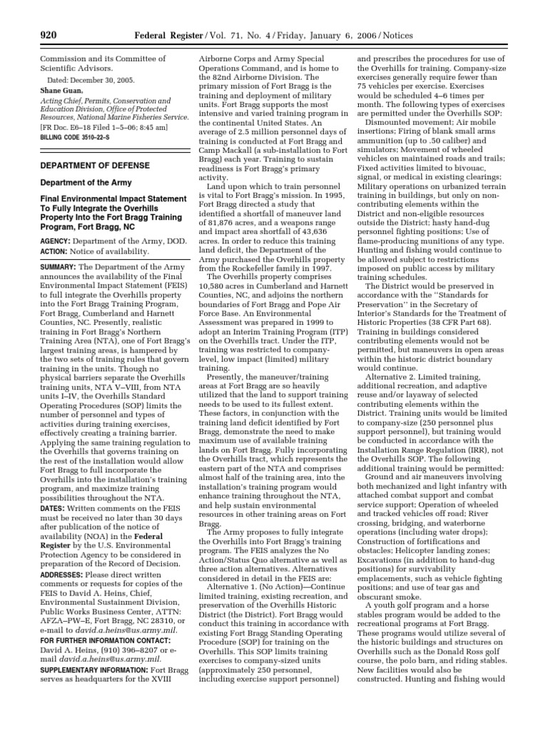 Notice: Environmental Statements Availability, Etc.: Fort Bragg, NC ...