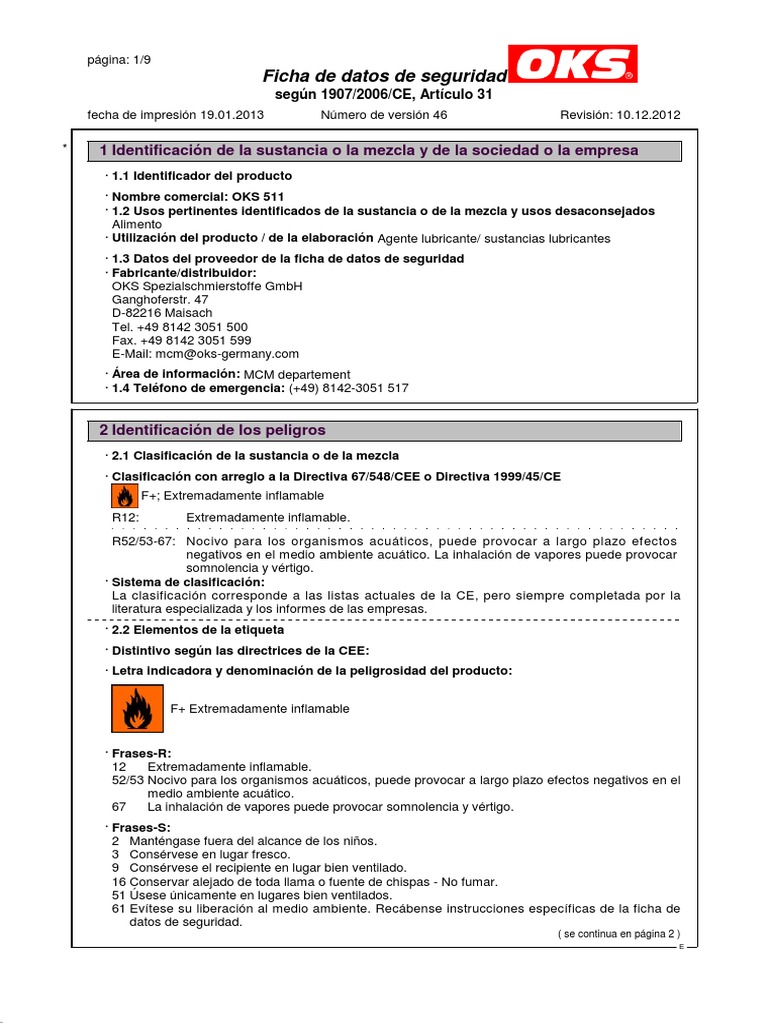 Ficha Seguridad OKS 511 | PDF | Agua | Dióxido de carbono