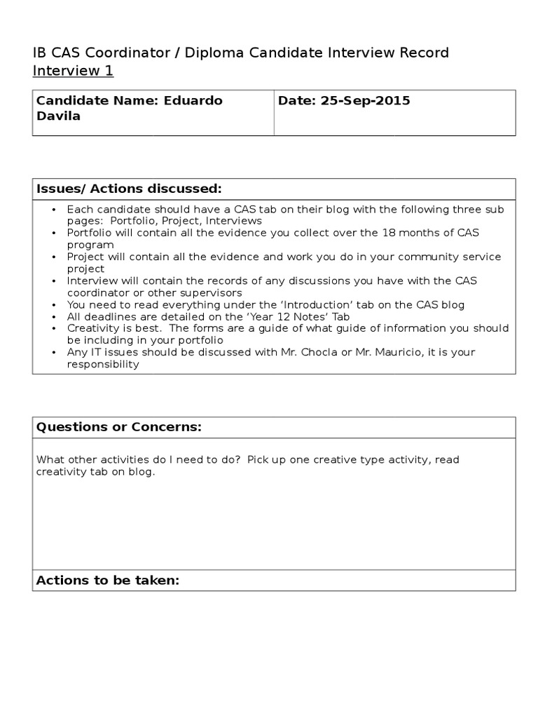 IB CAS Coordinator / Diploma Candidate Interview Record Interview 1 | PDF