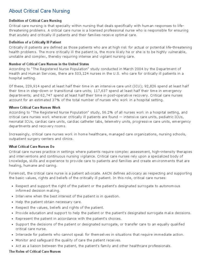 Critical Care Nursing Overview | PDF | Intensive Care Medicine | Nursing
