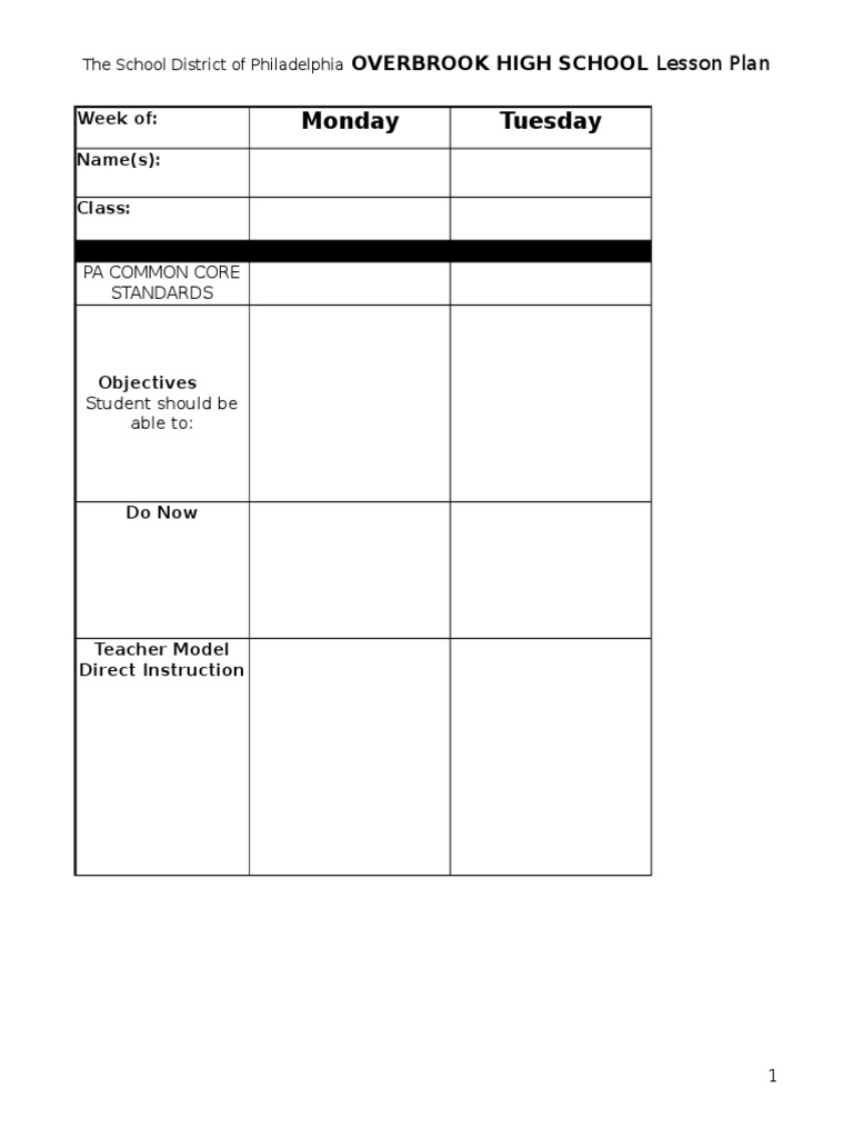 Monday Tuesday: Overbrook High School Lesson Plan | PDF | Career ...