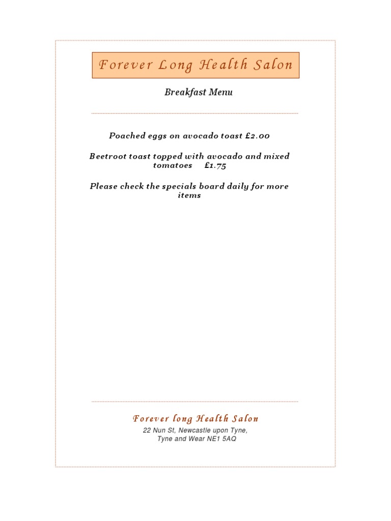 Breakfast Menu at Forever Long Health | PDF | Wellness