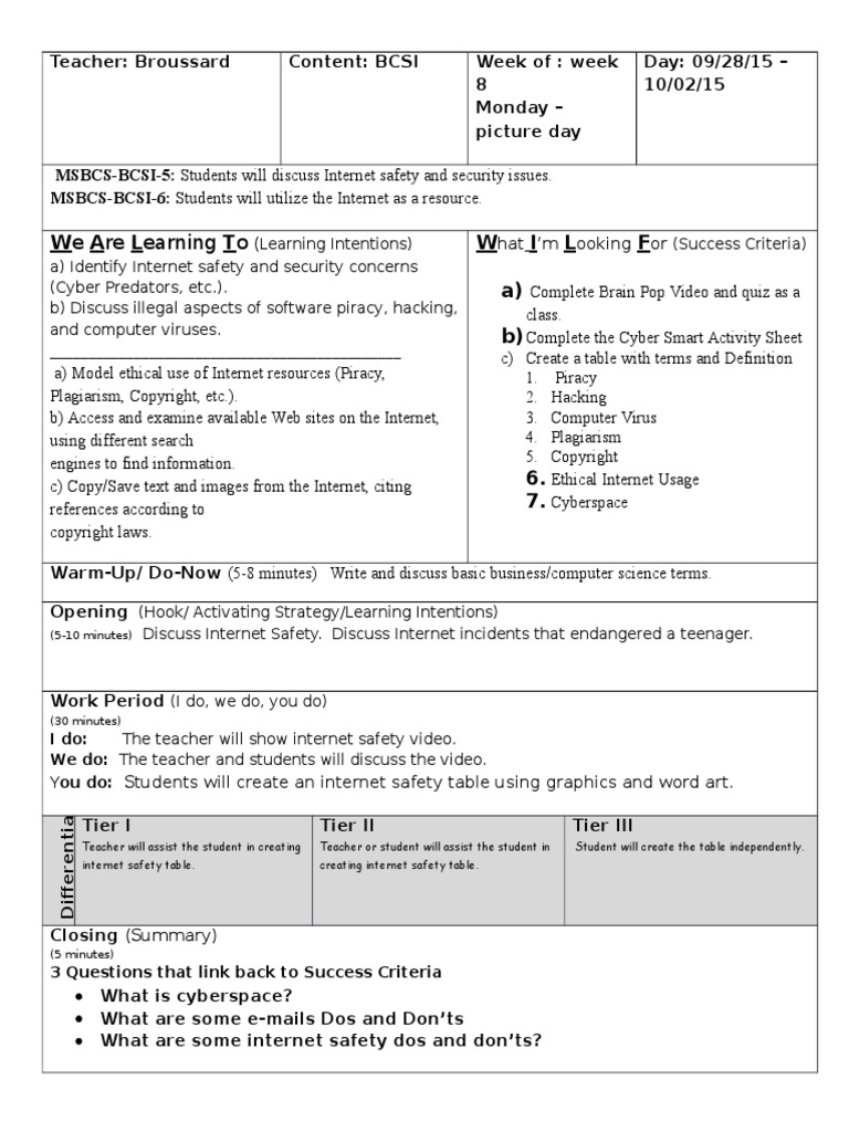 Internet Safety and Security Lesson Plan | PDF