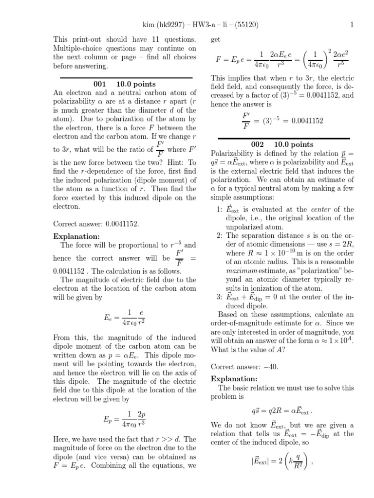 Physics Quest HW 3a | PDF | Dipole | Electric Charge