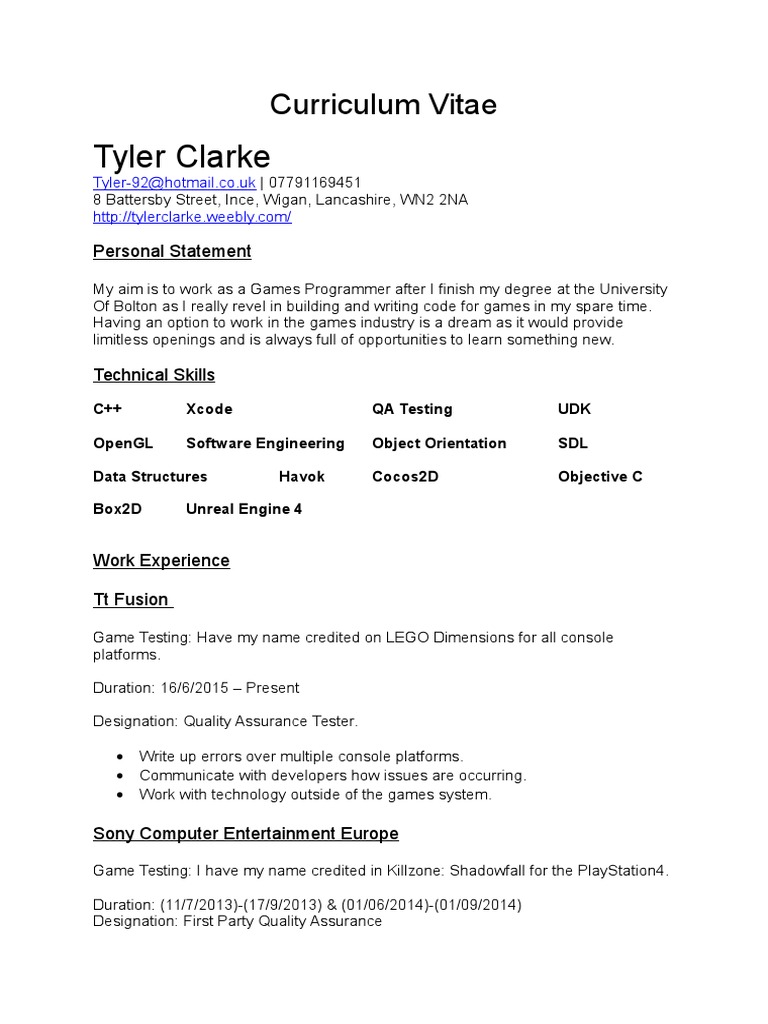 Tyler Clarke's Games Programmer CV | PDF
