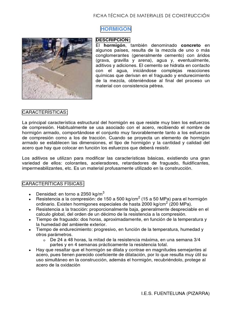 Ficha Tecnica Del Hormigon | Hormigón | Materiales