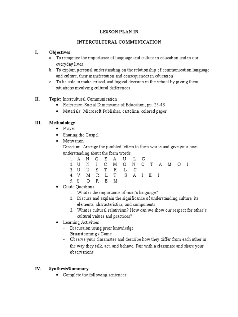 Intercultural Communication Lesson Plan | PDF | Cross Cultural ...