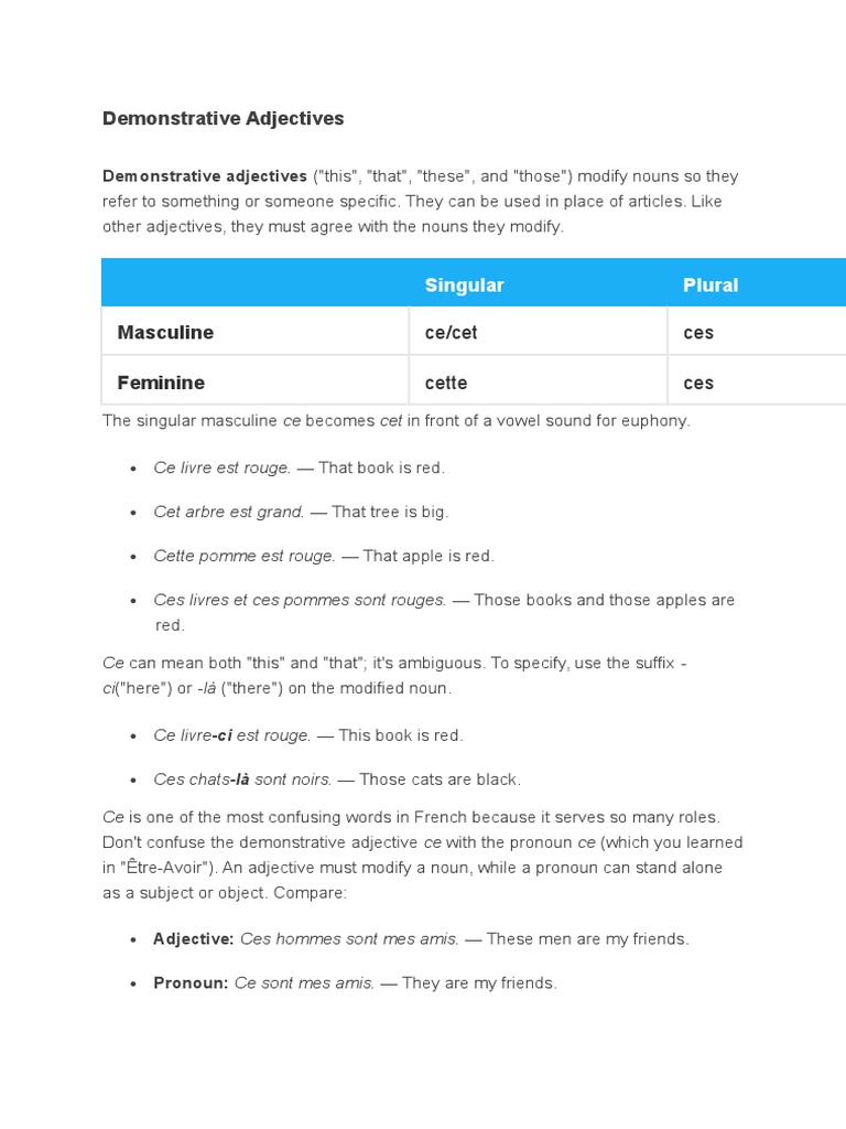 Understanding Demonstrative Adjectives in French | PDF