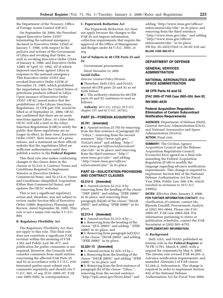 Rule: Federal Acquisition Regulation (FAR): Subcontract notification ...