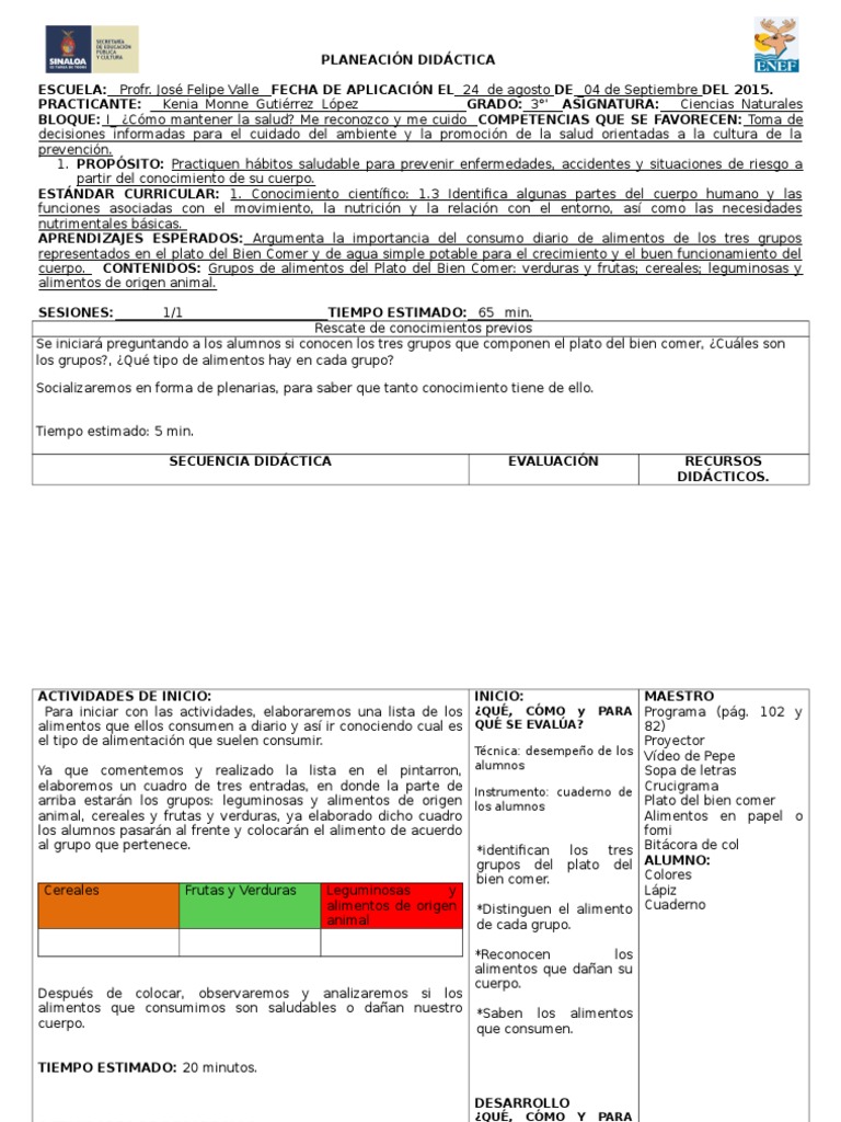 Planeacion Didáctica Ciencias Naturales Tercer Grado | PDF | Alimentos ...