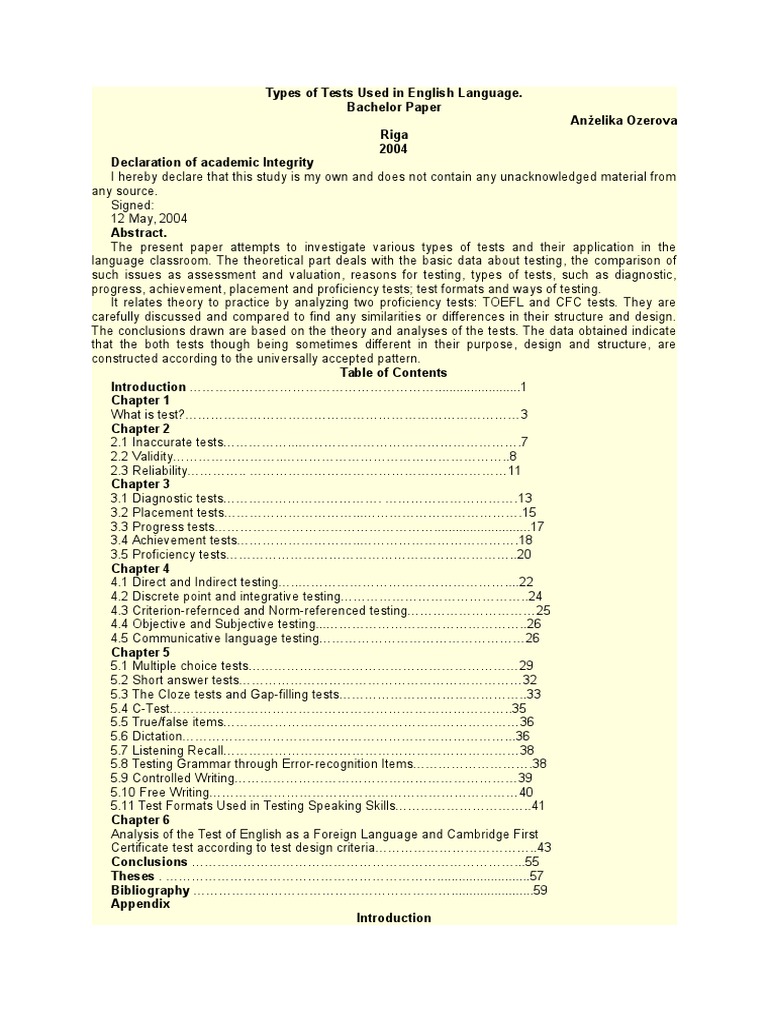 Types of English Language Tests | PDF | Language Arts & Discipline ...