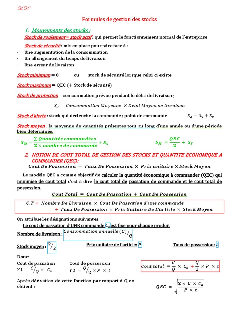 Formules de Gestion Des Stocks | PDF | Finance et gestion monétaire