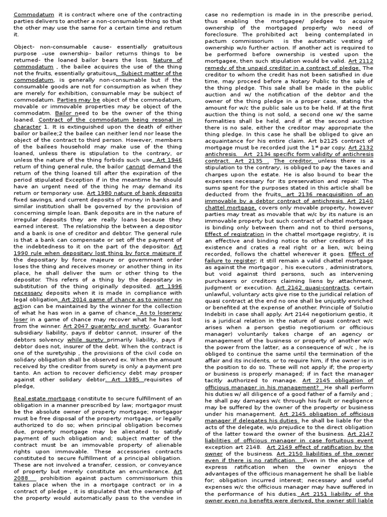 Understanding Commodatum Contracts | PDF | Guarantee | Mortgage Law