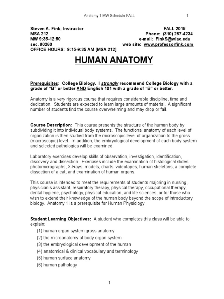 Anatomy 1 MW Schedule FALL: Syllabus for Human Anatomy Course Outlining ...