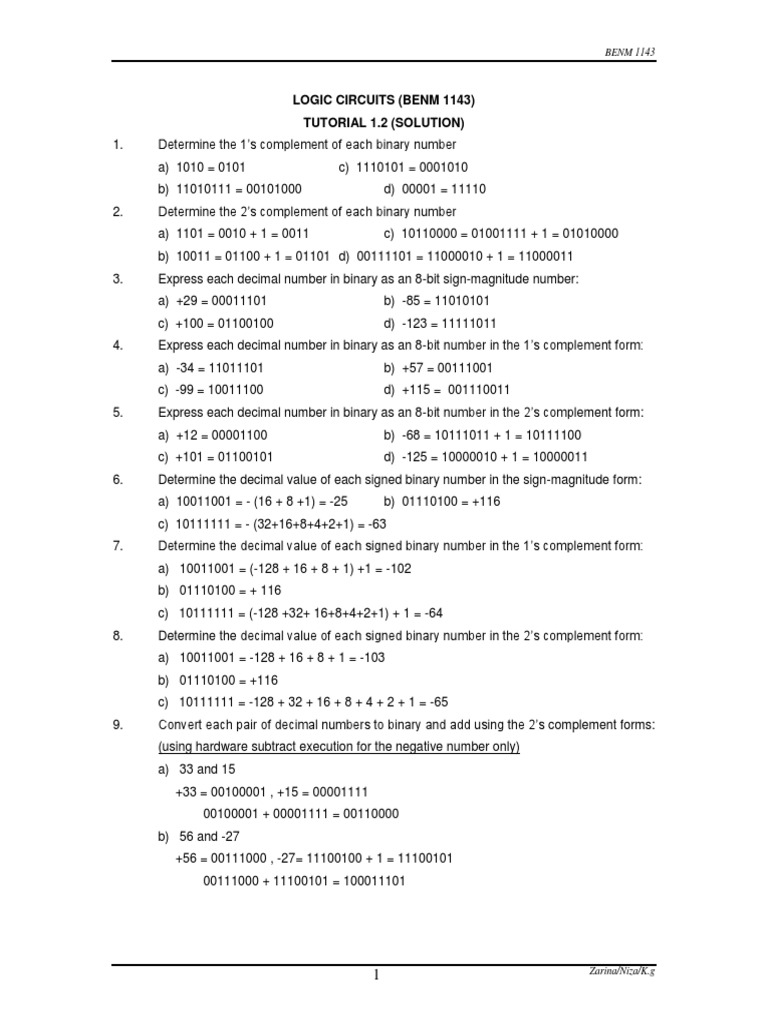Tutorial 1.2 Solution-Benm 1143 Logic Circuit | PDF | Binary Coded Decimal | Mathematical Notation