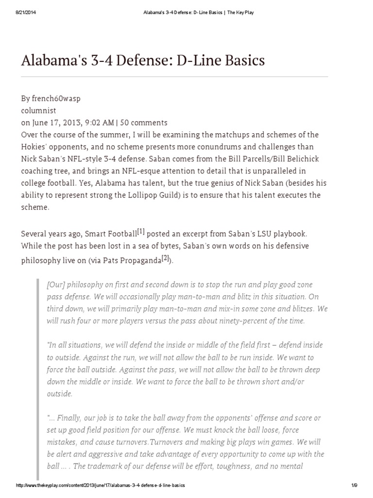 Alabama's 3-4 Defense Explained | PDF | Sports Rules And Regulations ...