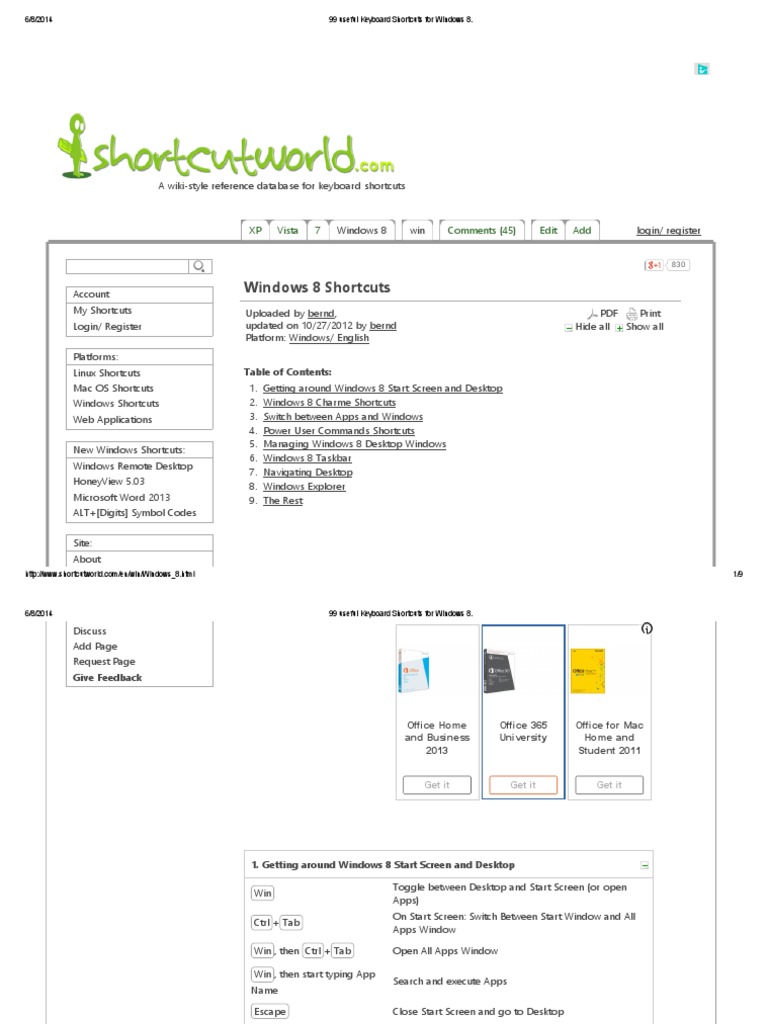 99 Useful Keyboard Shortcuts For Windows 8 | PDF | Windows 8 ...